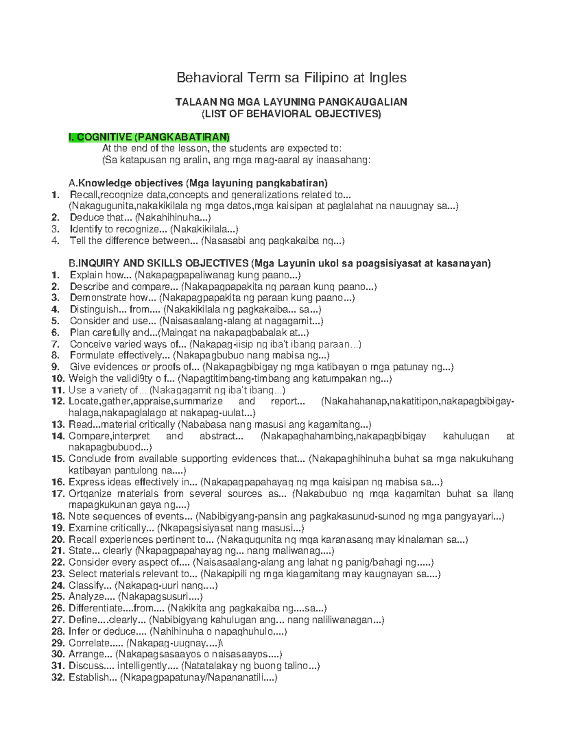 (G) 3- Domayn ng Pagkatuto Filipino - Behavioral Term sa Filipino at ...