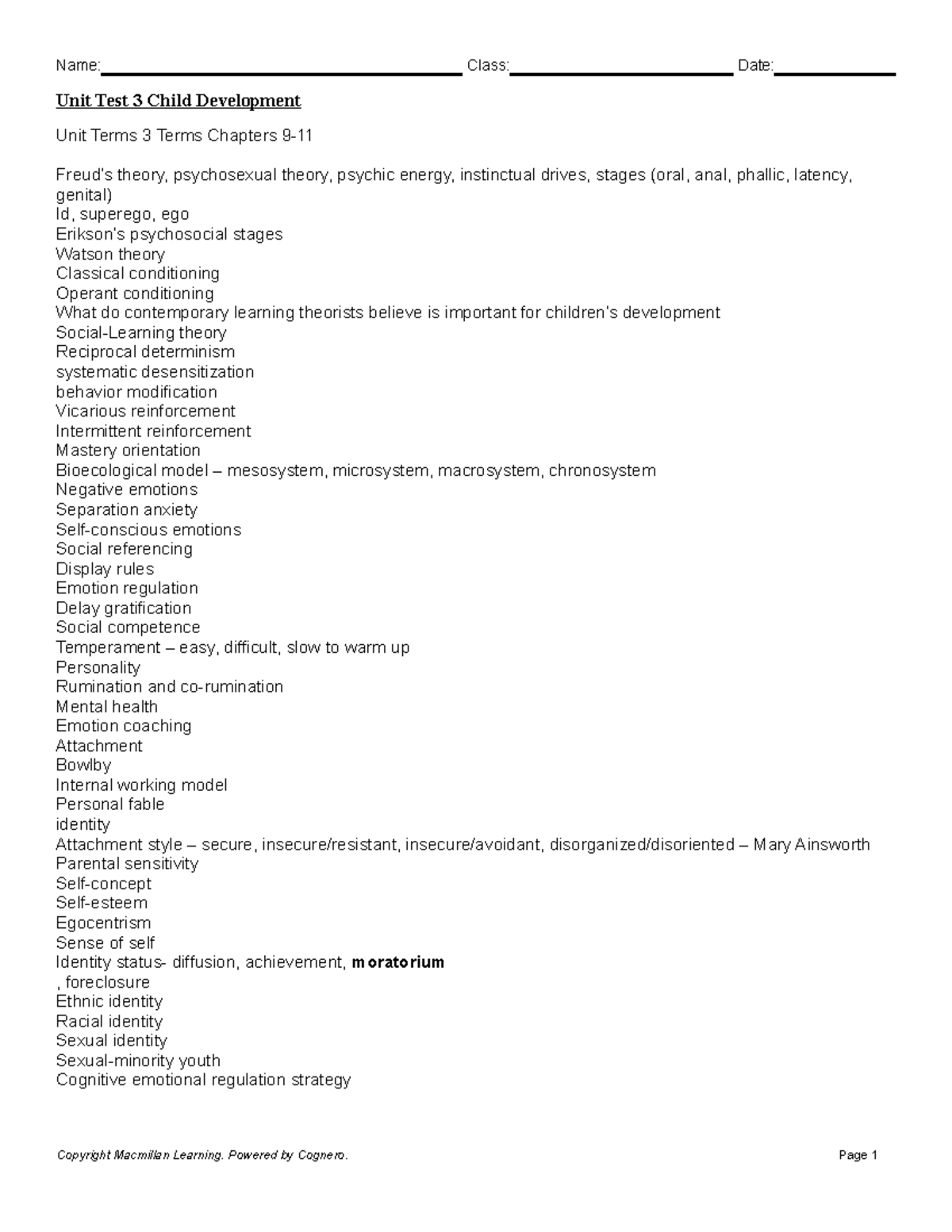 Unit Test 3 Terms Chapters 9 -11 - Name: Class: Date: Unit Test 3 Child ...