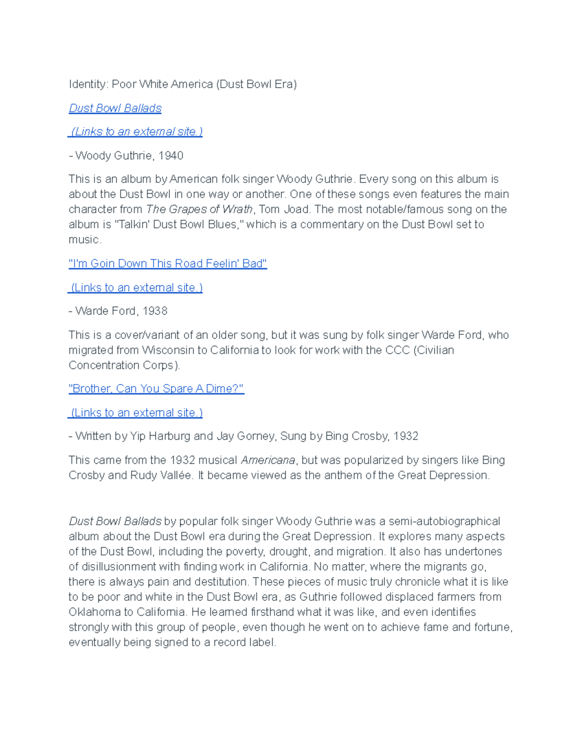 Analysis of Dust Bowl - Identity: Poor White America (Dust Bowl Era ...