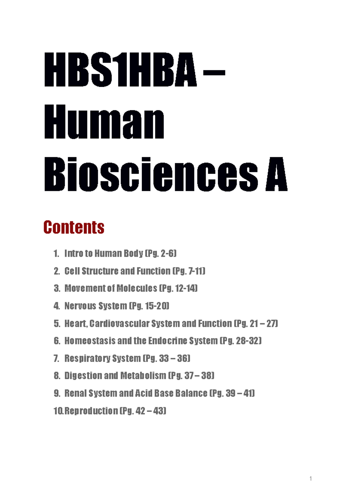 Human Biosciences A - Intro to Human Body (Pg. 2. Cell Structure and ...