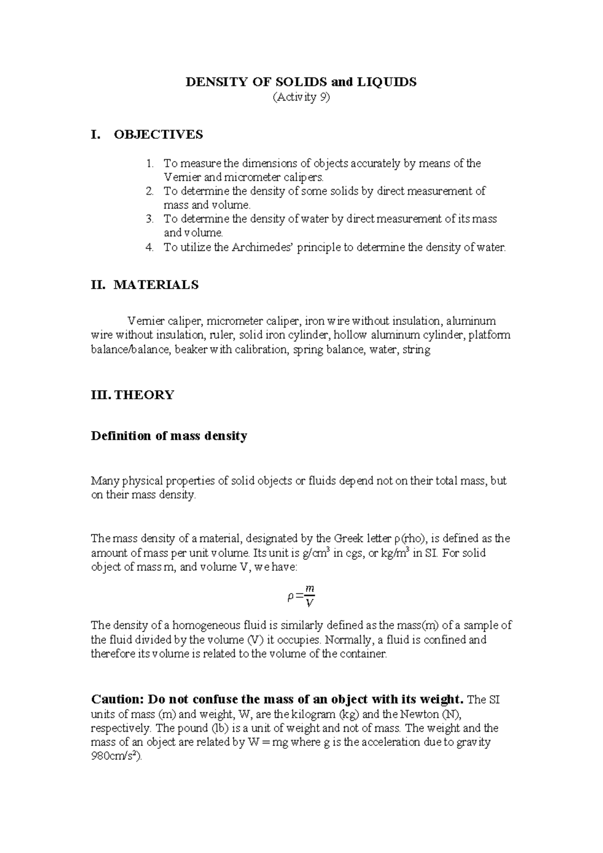 Density OF Solids and Liquids - DENSITY OF SOLIDS and LIQUIDS (Activity ...