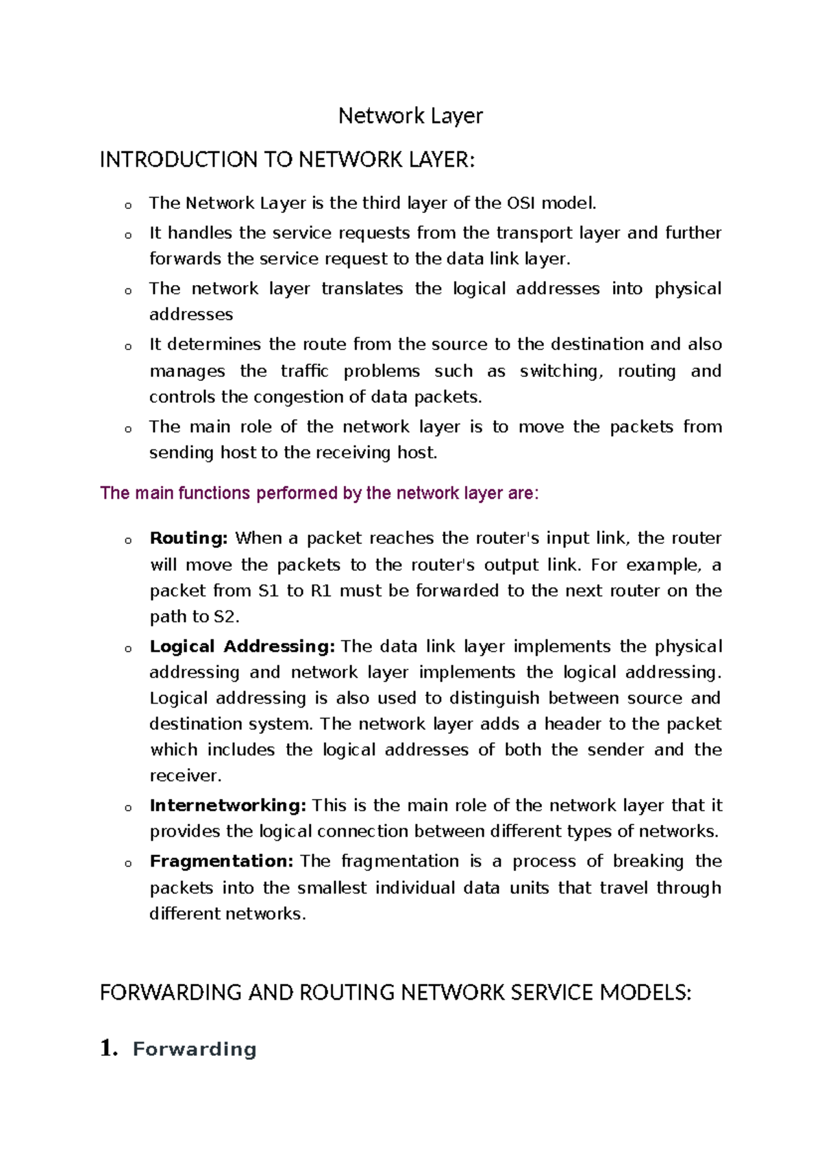 DC unit3 - Notes - Network Layer INTRODUCTION TO NETWORK LAYER: o The ...