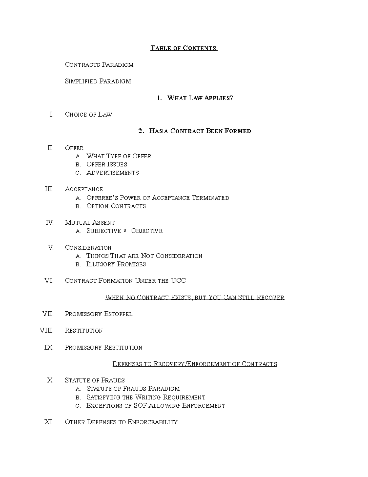 Contracts Outline - TABLE OF CONTENTS CONTRACTS PARADIGM SIMPLIFIED PARADIGM 1. WHAT LAW APPLIES ...