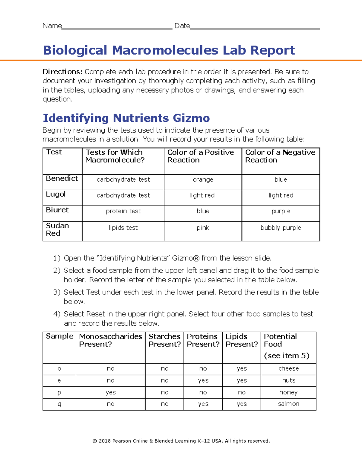 Bio project - Name Date Biological Macromolecules Lab Report Directions ...
