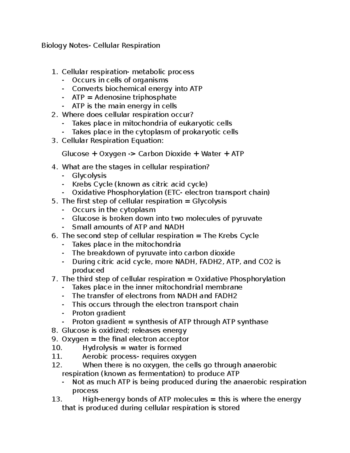 Biology Notes- Cellular Respiration - Biology Notes- Cellular ...