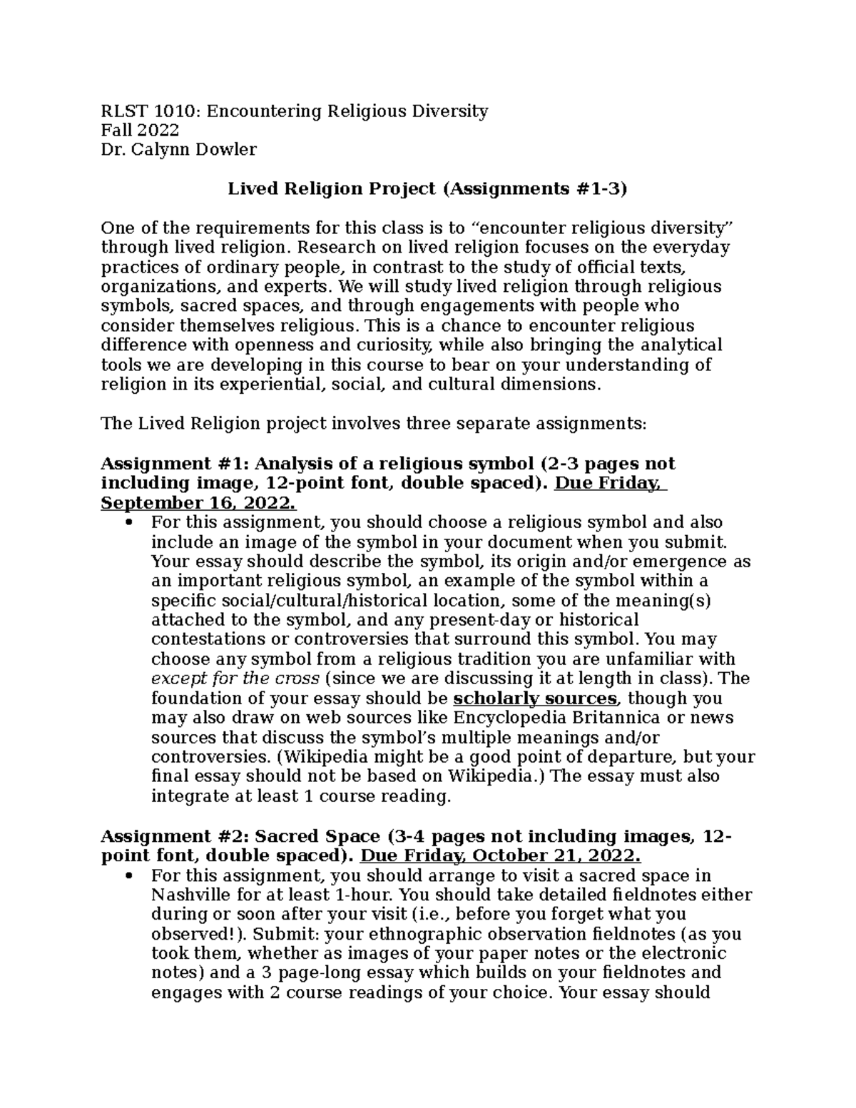 RLST 1010 - Lived Religion Assignment - RLST 1010: Encountering ...
