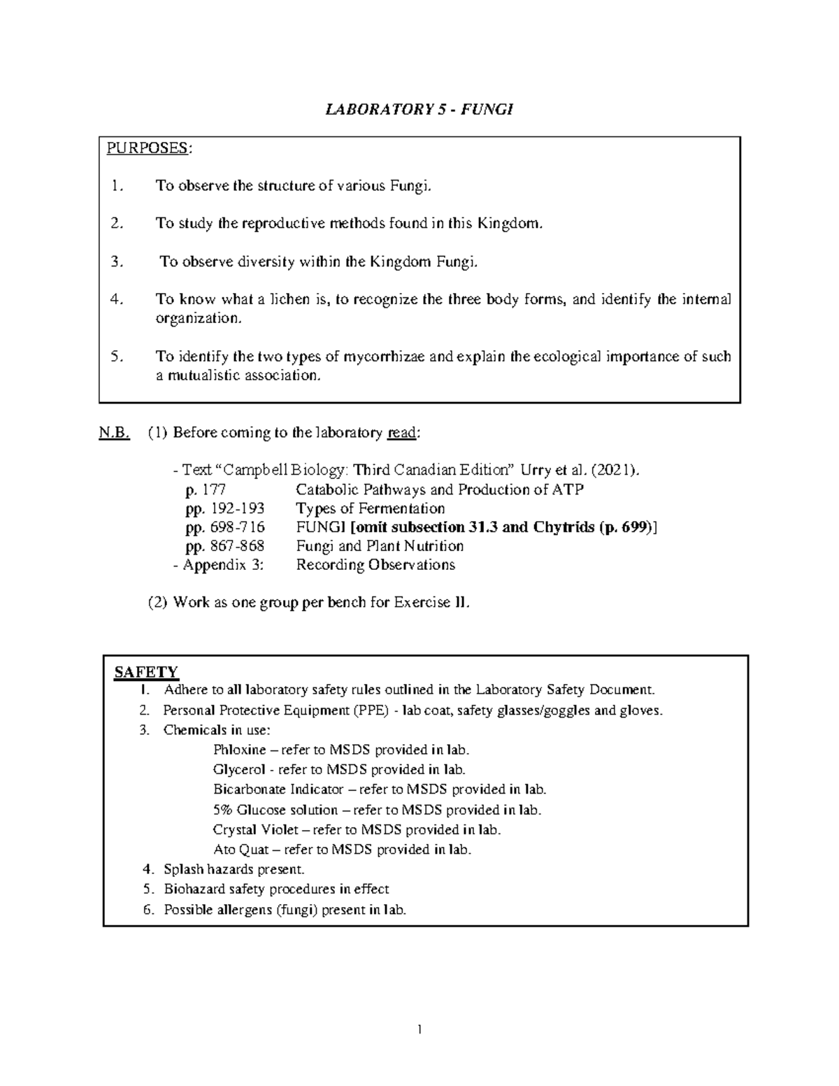 Lab 5 Fungi - lab manuel - LABORATORY 5 - FUNGI PURPOSES: To observe ...