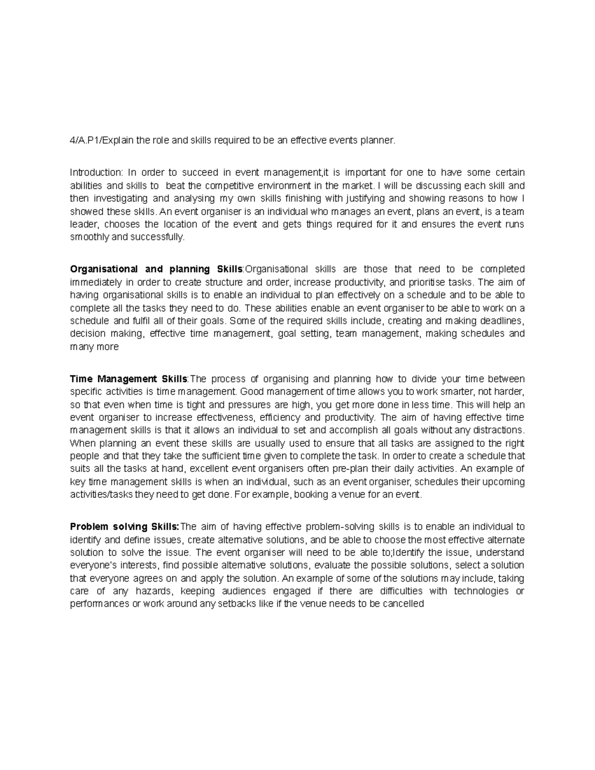 Unit 4 assignment 1 includes p1,p2 - 4/A/Explain the role and skills ...