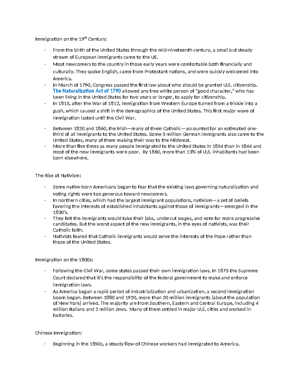 Immigration Lecture Notes - Immigration on the 19th Century: - From the ...