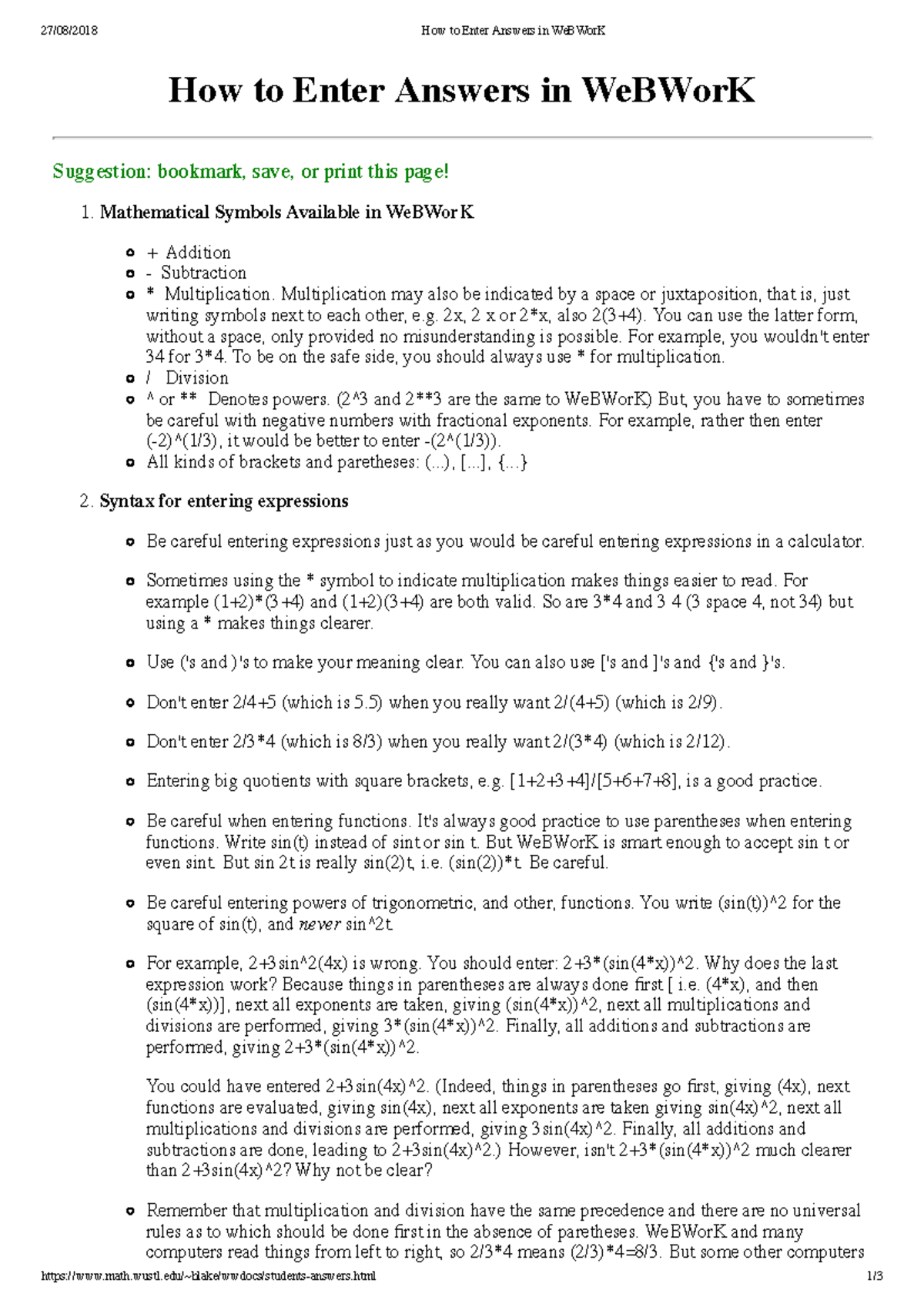 Guideline - webwork - 27/08/2018 How to Enter Answers in WeBWorK - Studocu
