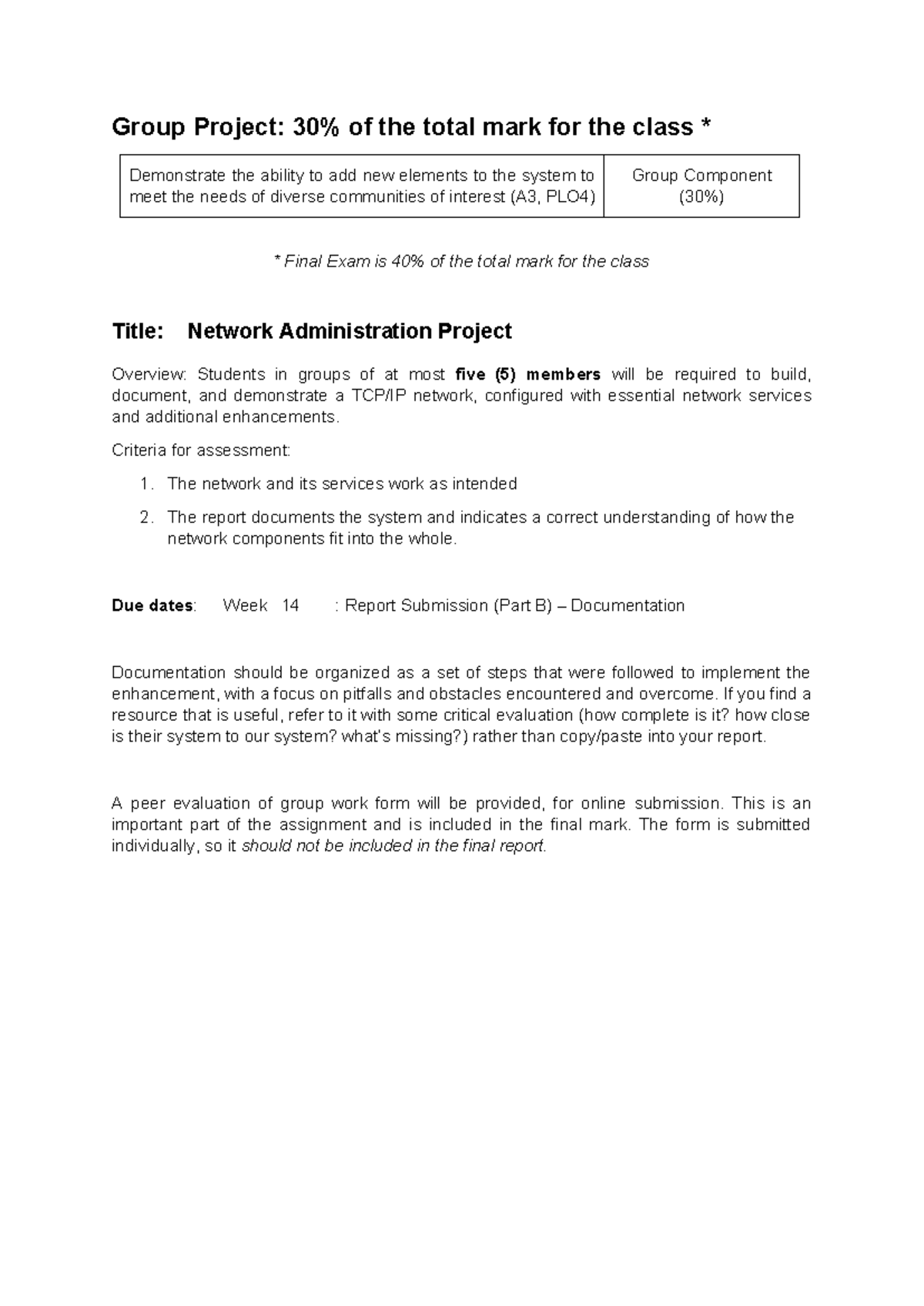 SNA Group Assignment Question - Group Project: 30% of the total mark for the class * Demonstrate ...