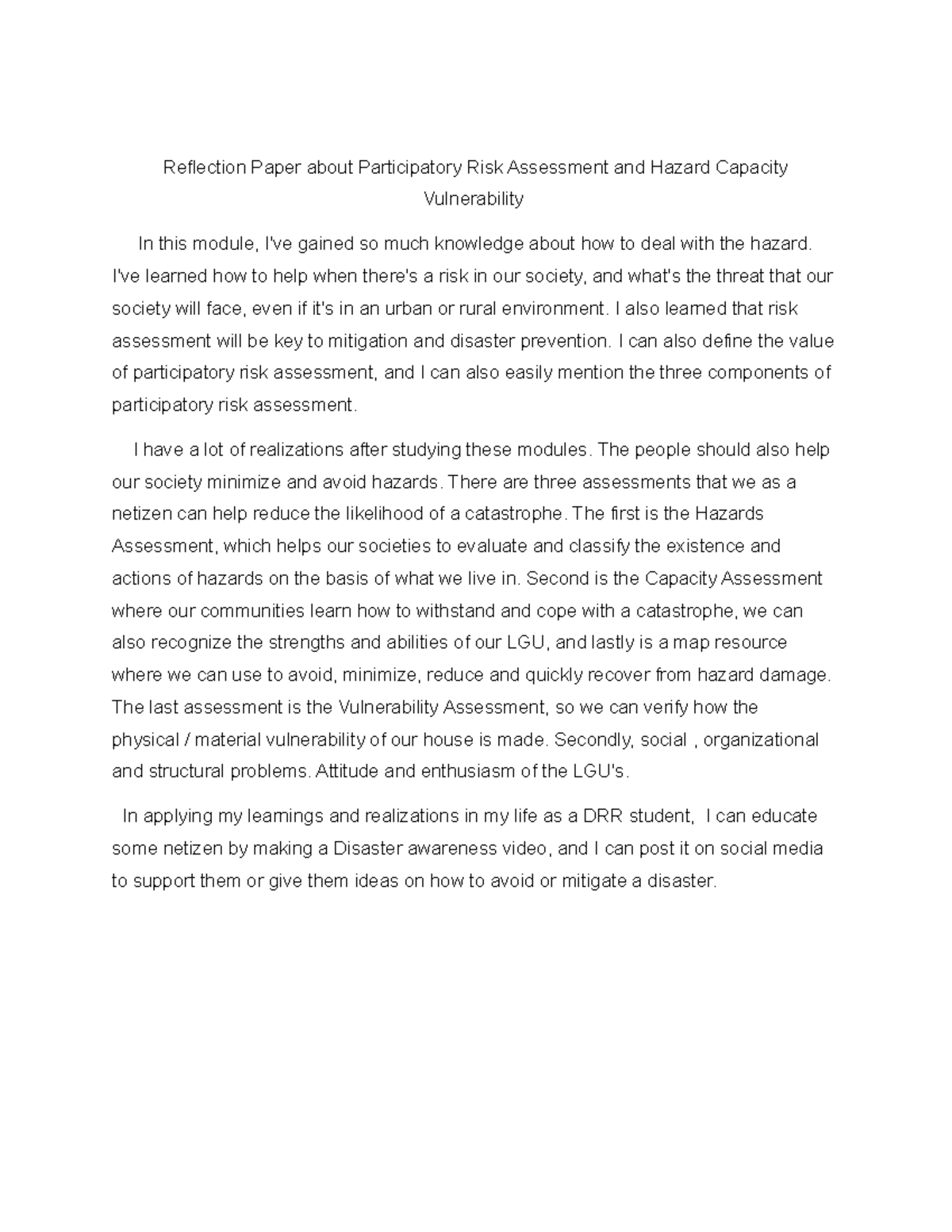 Reflection Paper DRR - for knowledge - Reflection Paper about ...