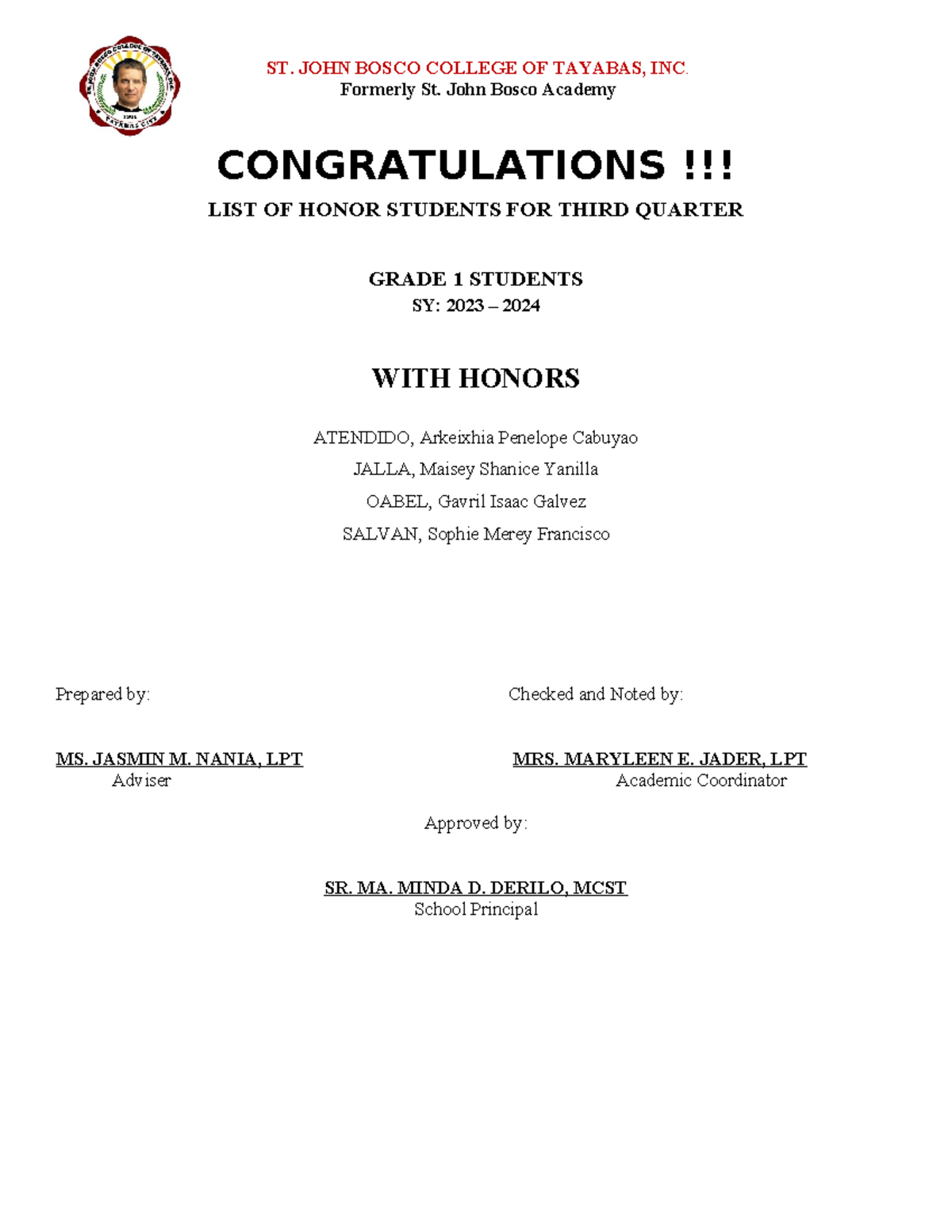 Grade-1-LIST-OF- Honors - ST. JOHN BOSCO COLLEGE OF TAYABAS, INC ...