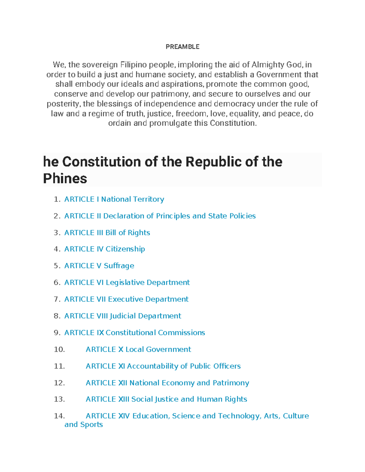 Preamble - Araling Panlipunan - PREAMBLE We, the sovereign Filipino ...