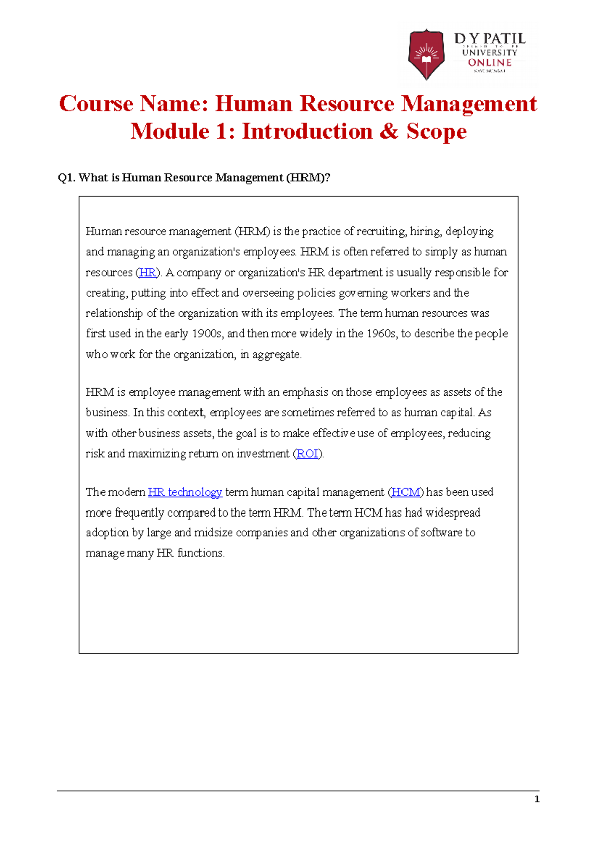 Assignment Mod 1 Introduction Scope - Course Name: Human Resource ...