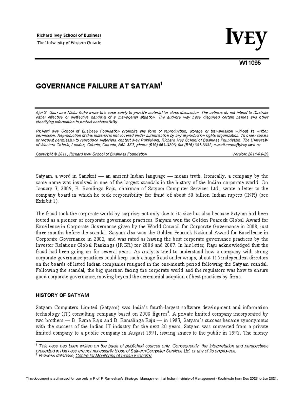 C9 unlocked - abc - S w W 11095 GOVERNANCE FAILURE AT SATYAM ####### 1 ...