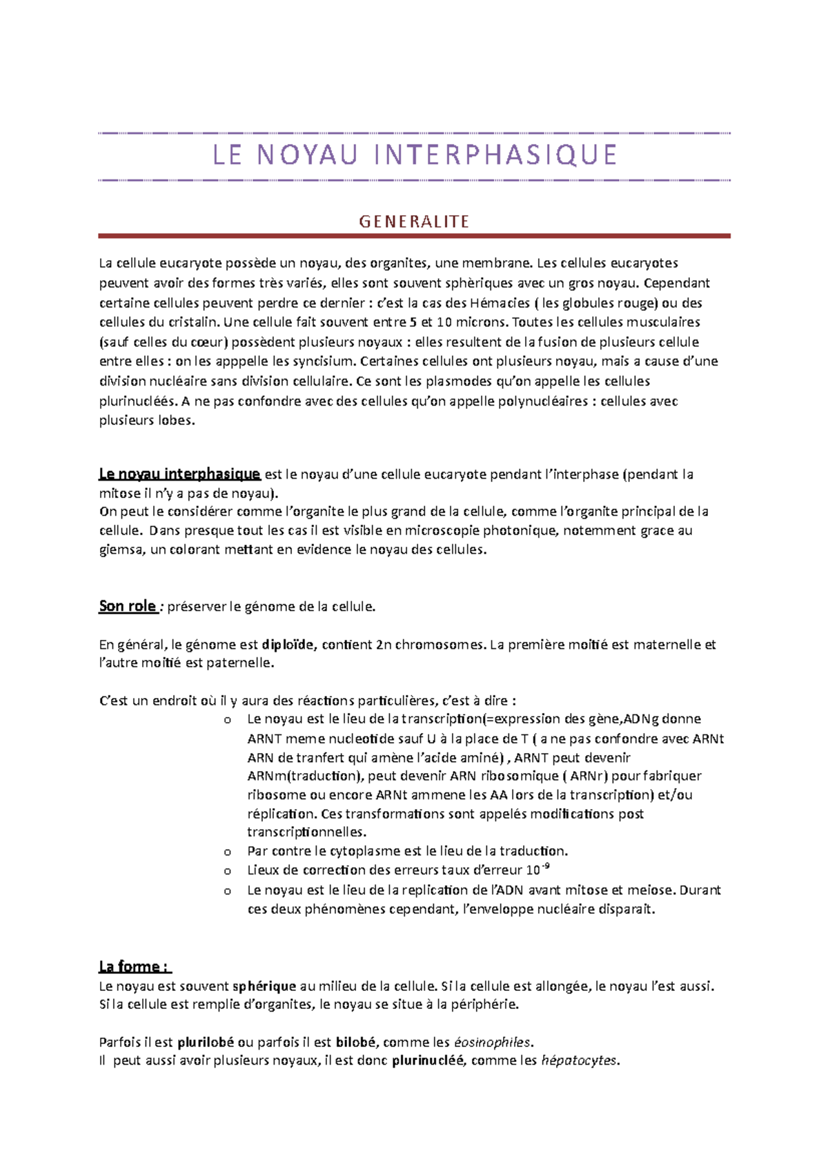 4- Noyau Interp V - LE NOYAU INTERPHASIQUE GENERALITE La cellule ...