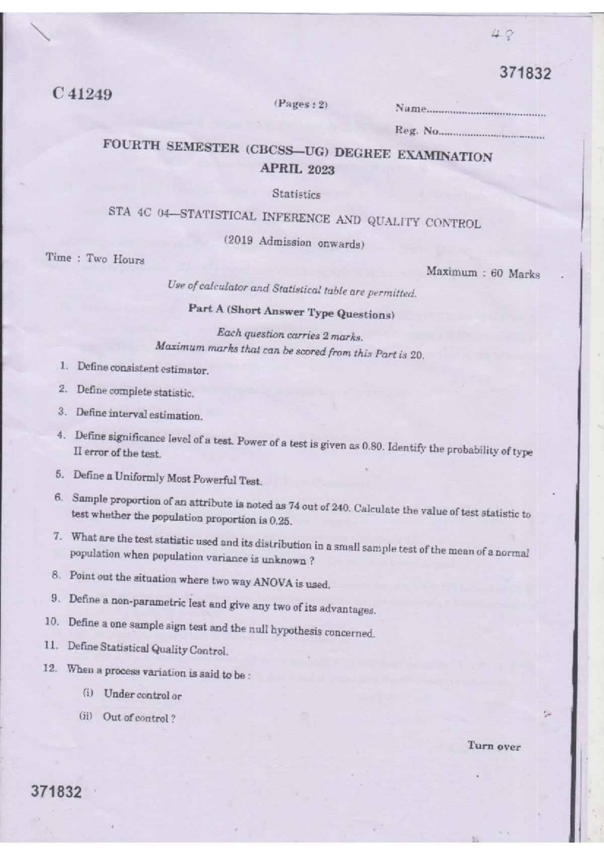 STA4C04 Statistical Inference AND Quality Control - 2023 Question Paper - 48 371832 C 41249 ...