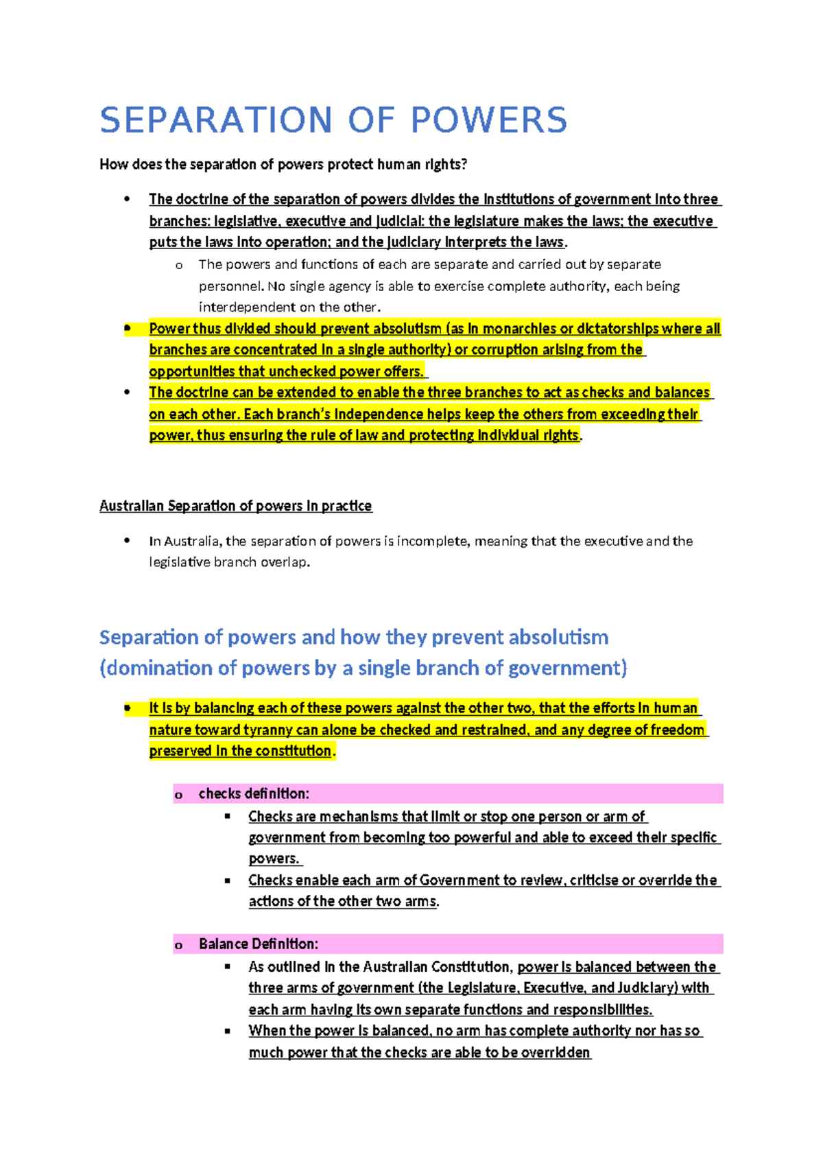 Public law exam summary notes - SEPARATION OF POWERS How does the ...