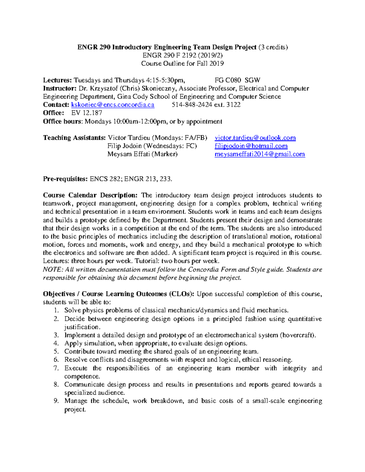 ENGR 290 Outline - ENGR 290 Introductory Engineering Team Design Project (3 credits) ENGR 290 F ...