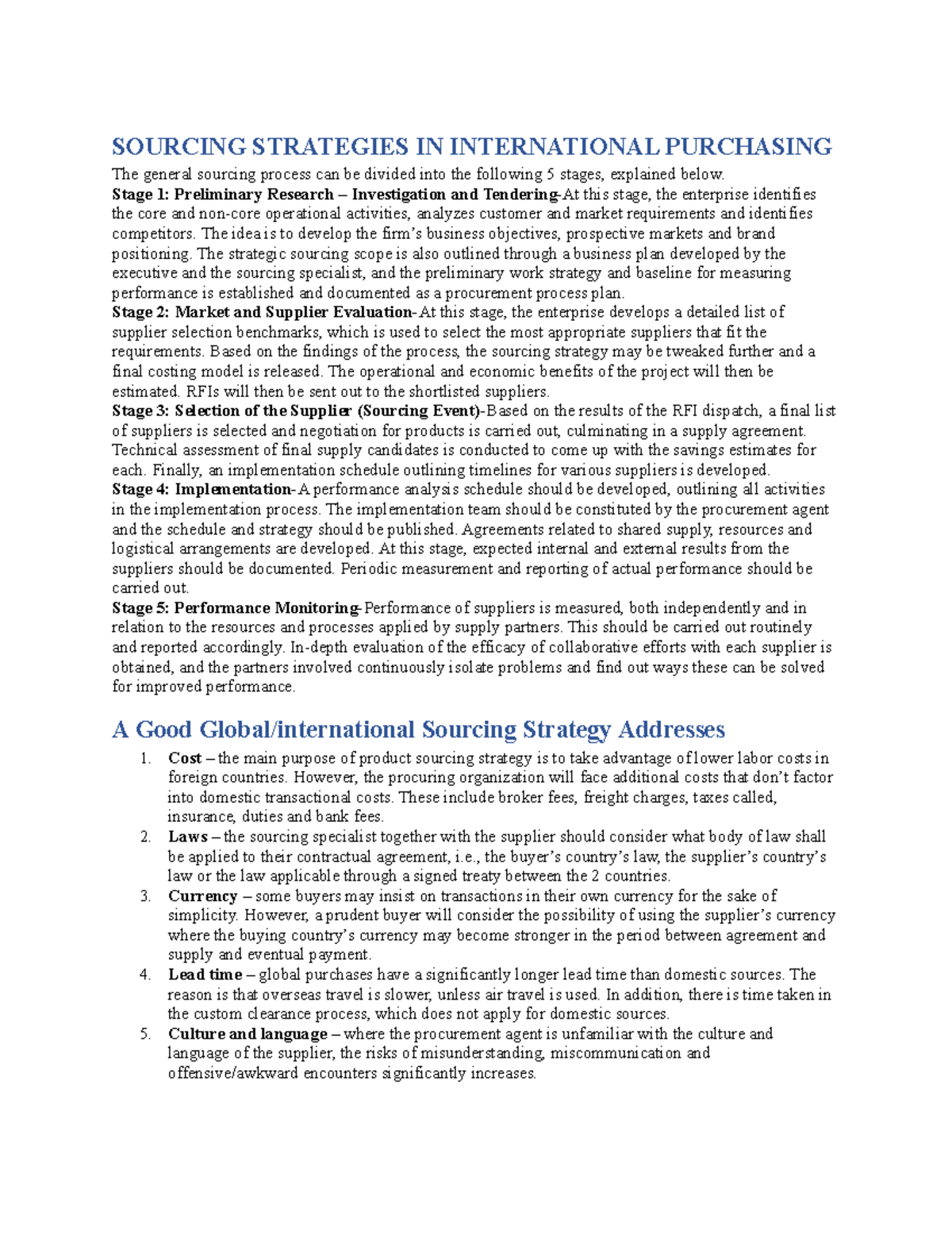 Sourcing Strategies IN International Purchasing - SOURCING STRATEGIES ...