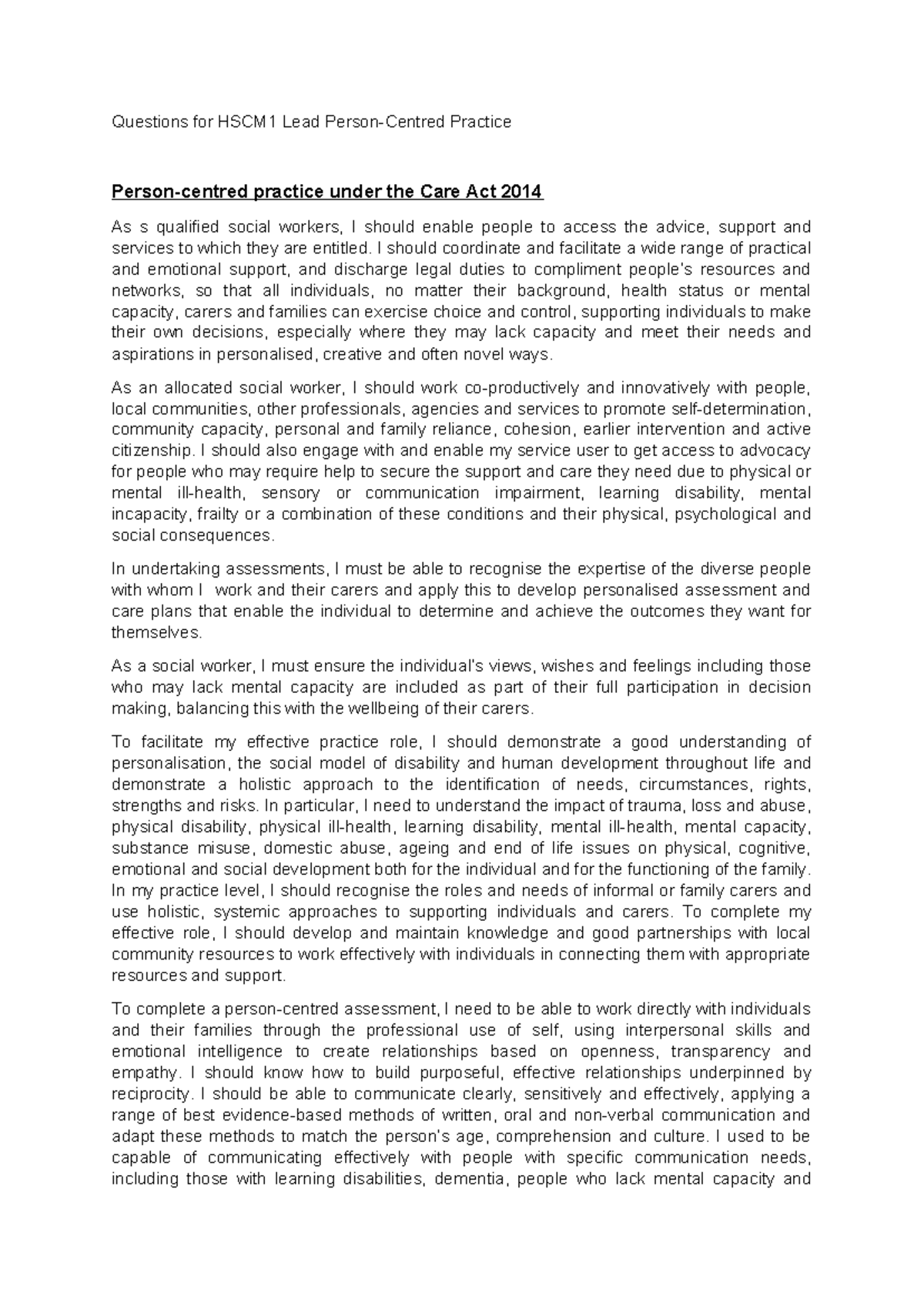 Person cetred approach 24 - Questions for HSCM1 Lead Person-Centred ...