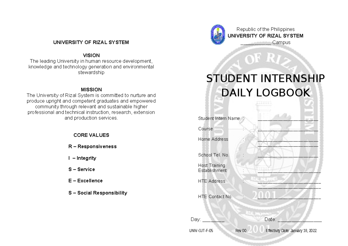 Student-Intern-Daily-Logbook - UNIVERSITY OF RIZAL SYSTEM VISION The ...