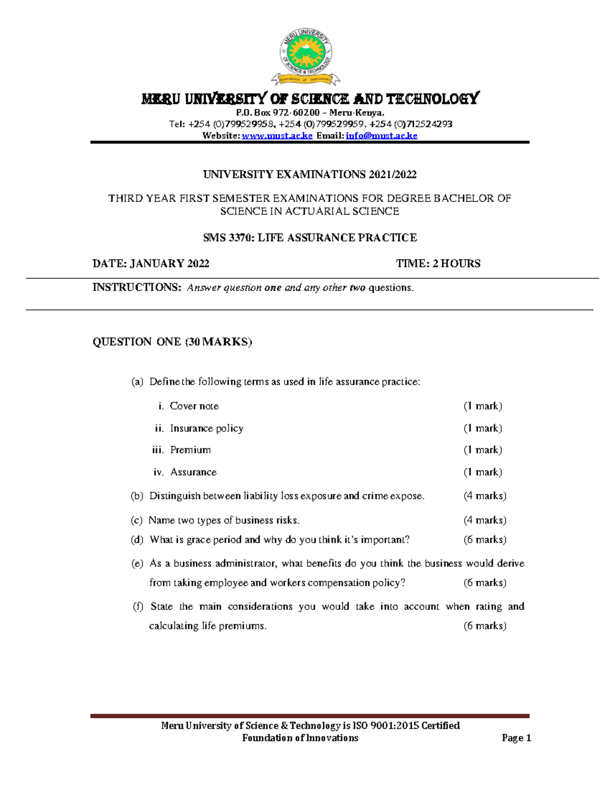 SMS 3370 LIFE Assurance Practice - Meru University of Science ...