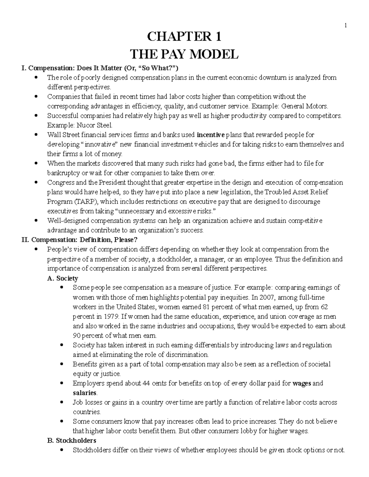 Chapter 1 notes - 1 CHAPTER 1 THE PAY MODEL I. Compensation: Does It ...