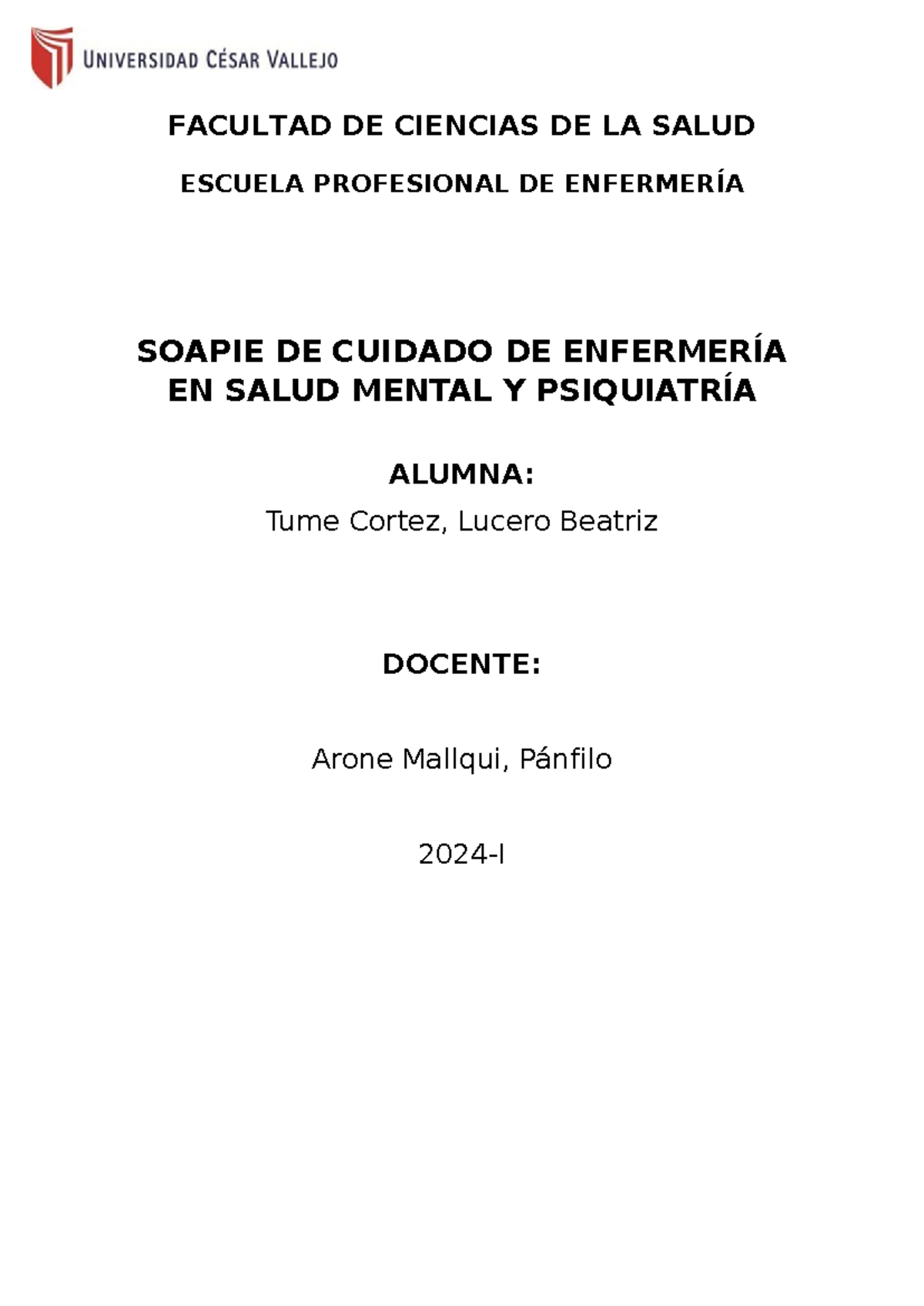 Soapie Salud Mental - informe - Cuidado de Enfermería en Salud Mental y ...