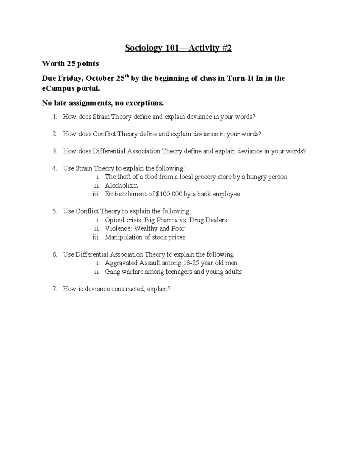Deviance Activity - Sociology 101—Activity Worth 25 points Due Friday ...