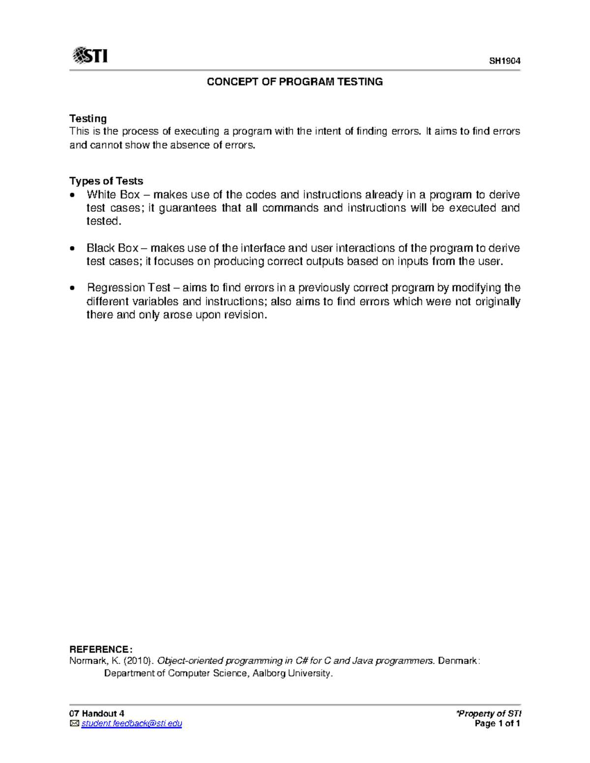 Concept of Program Testing - SH 07 Handout 4 *Property of STI student ...