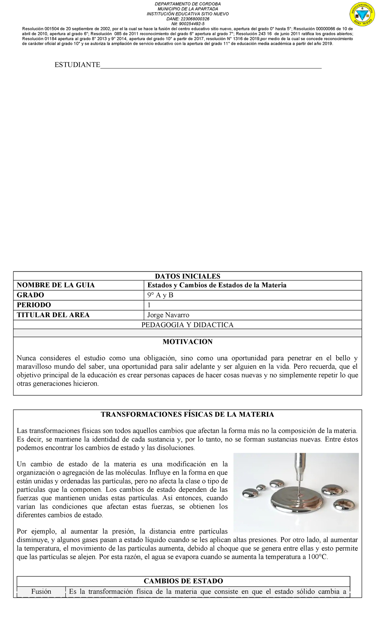 Guia del Estudiante Estados de la materia grado 9 - MUNICIPIO DE LA ...