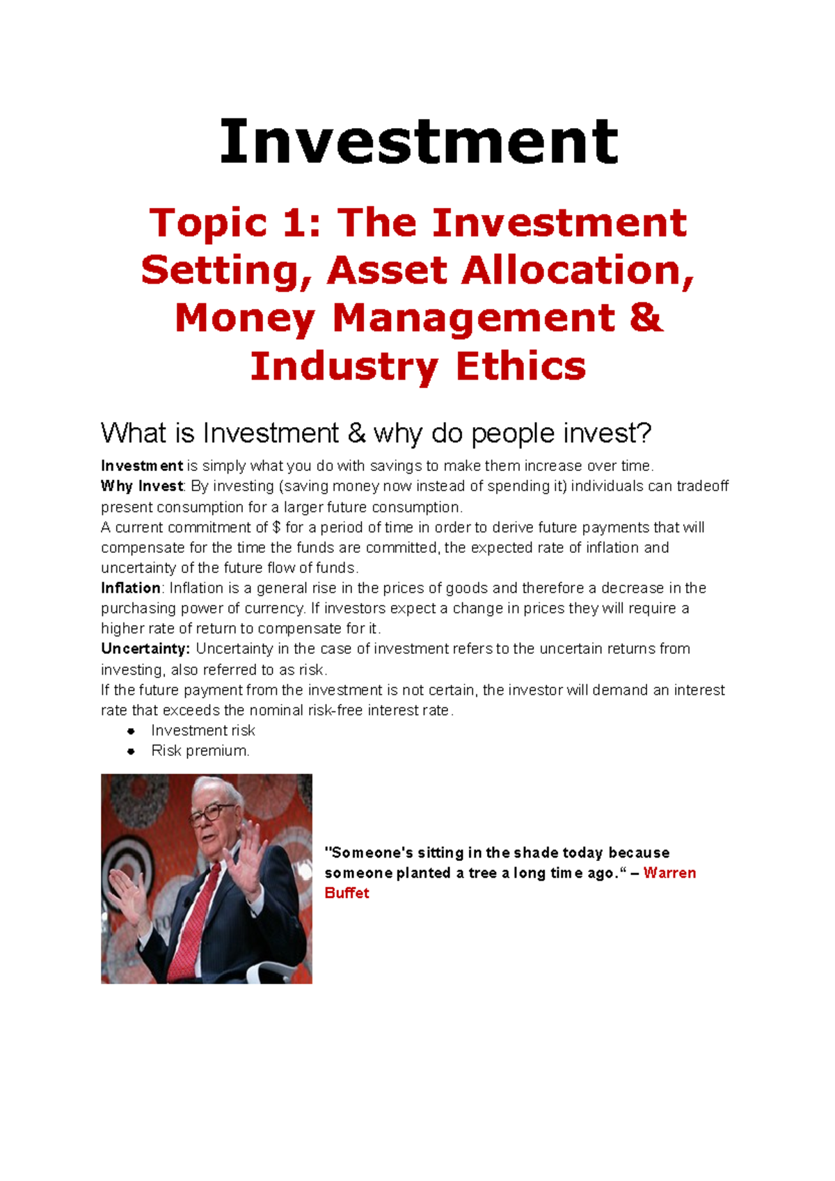 Investment Week 1 Notes - Investment Topic 1: The Investment Setting ...