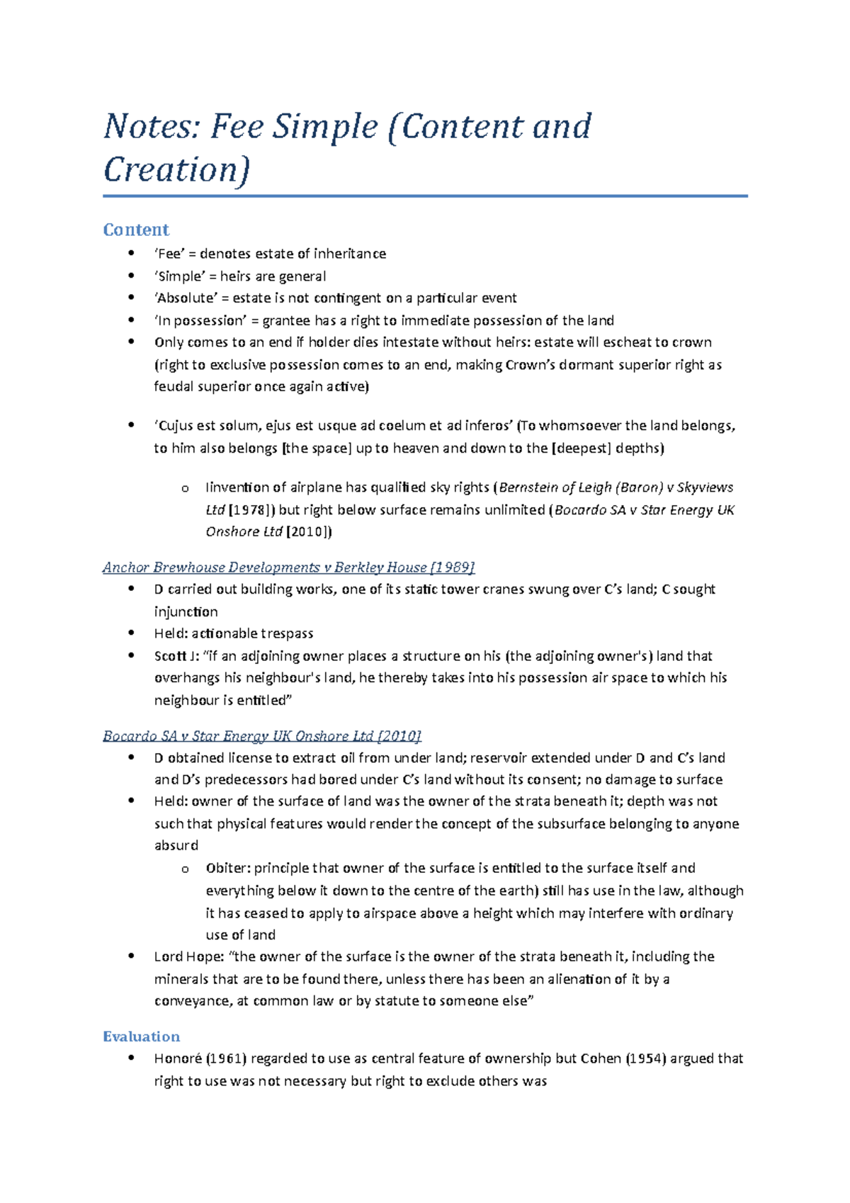 Notes Fee Simple (Content and Creation) - Notes: Fee Simple (Content ...