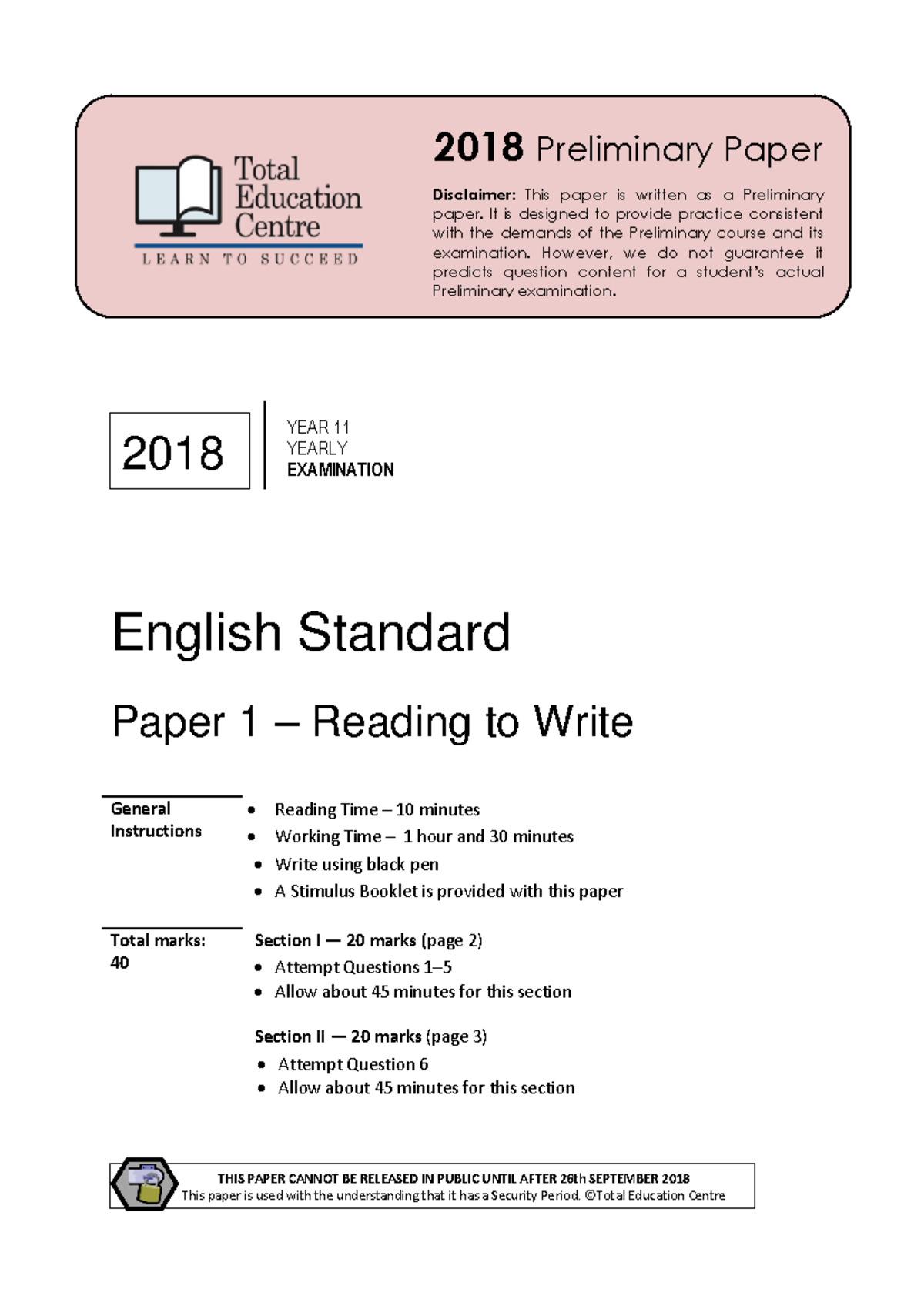 English Standard- Total Education 2018 Preliminary HSC Examination ...