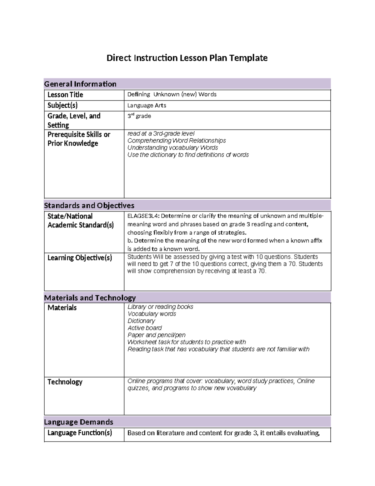 C909 - Direct Instruction Lesson Plan Template General Information Lesson Title Defining Unknown ...