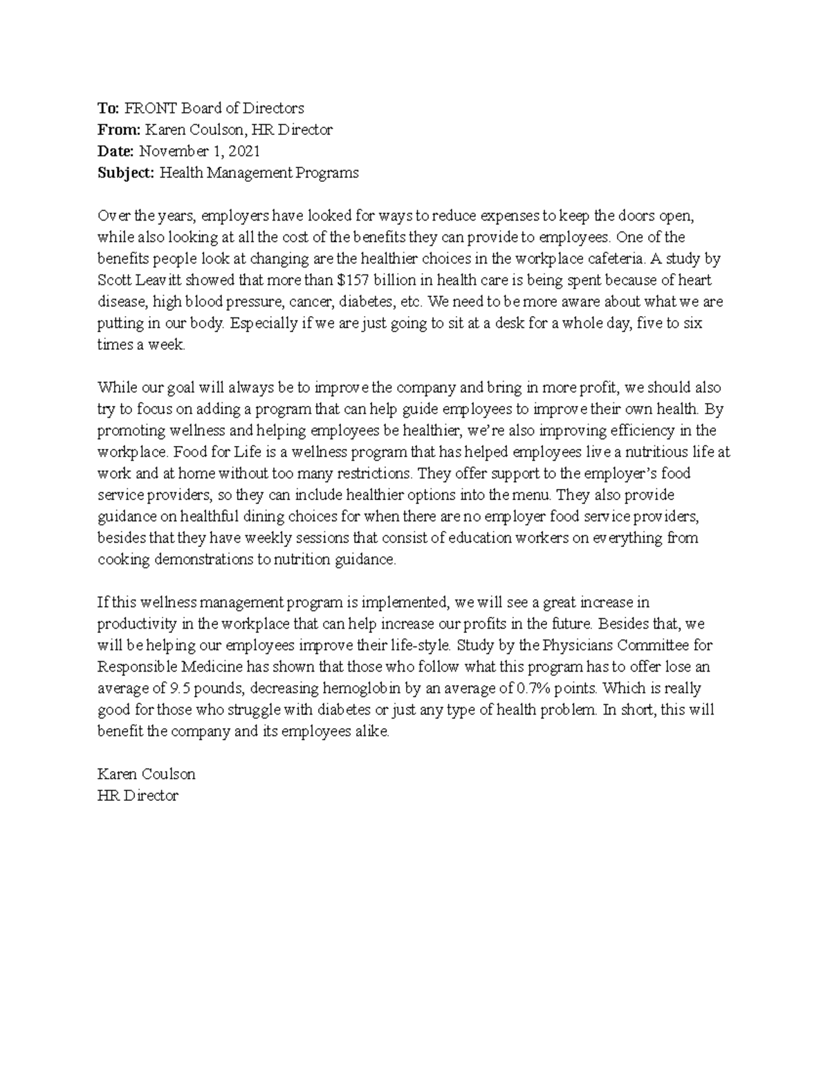 Persuasive Memo Example To FRONT Board Of Directors From Karen