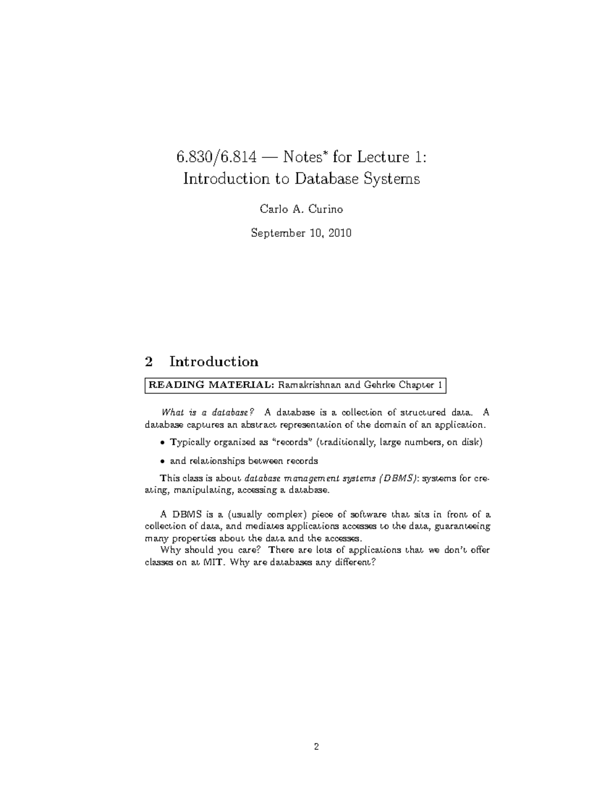 Mit6 830f10 Lec01 Lec 1 6 830 6 — Notes ∗ For Lecture 1 Introduction To Database Systems
