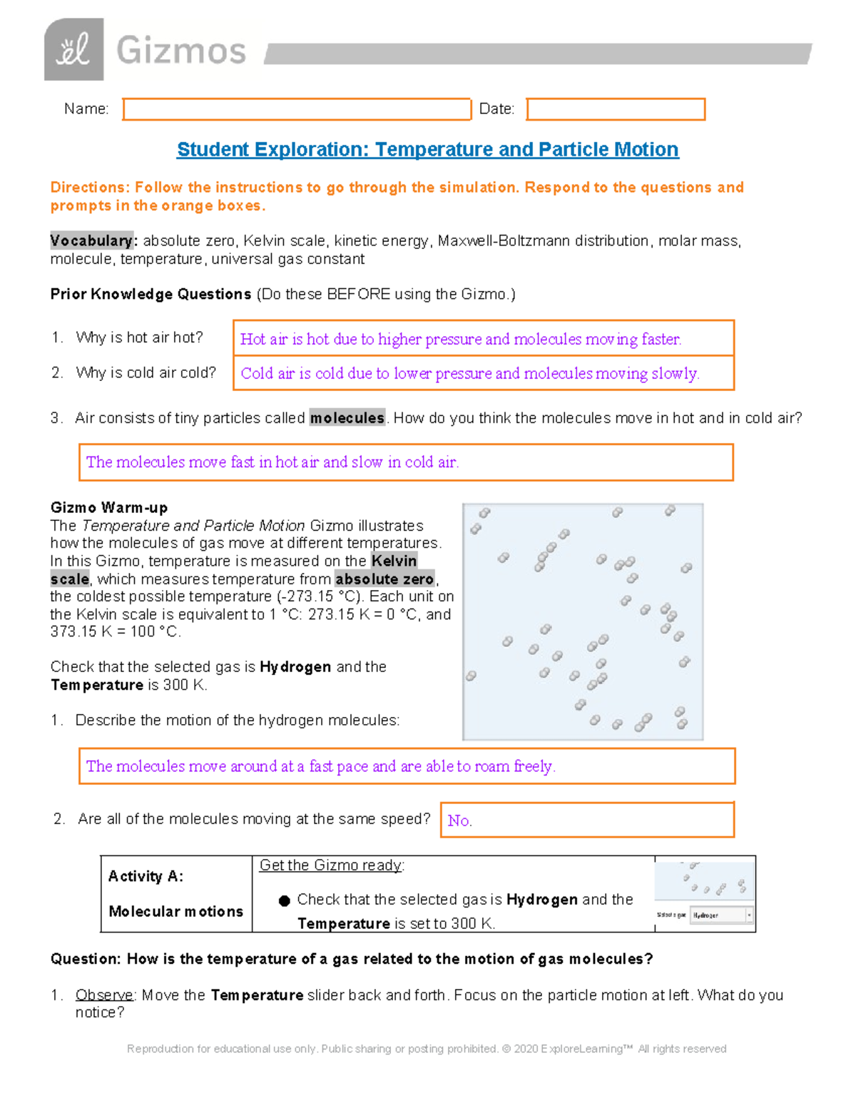 Temp Particle SE - Name: Date: Student Exploration: Temperature and ...