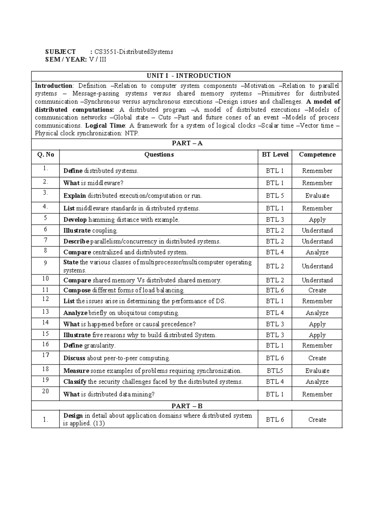 CS3551 QB - NIL - SUBJECT : CS3551-DistributedSystems SEM / YEAR: V / III UNIT I - INTRODUCTION ...