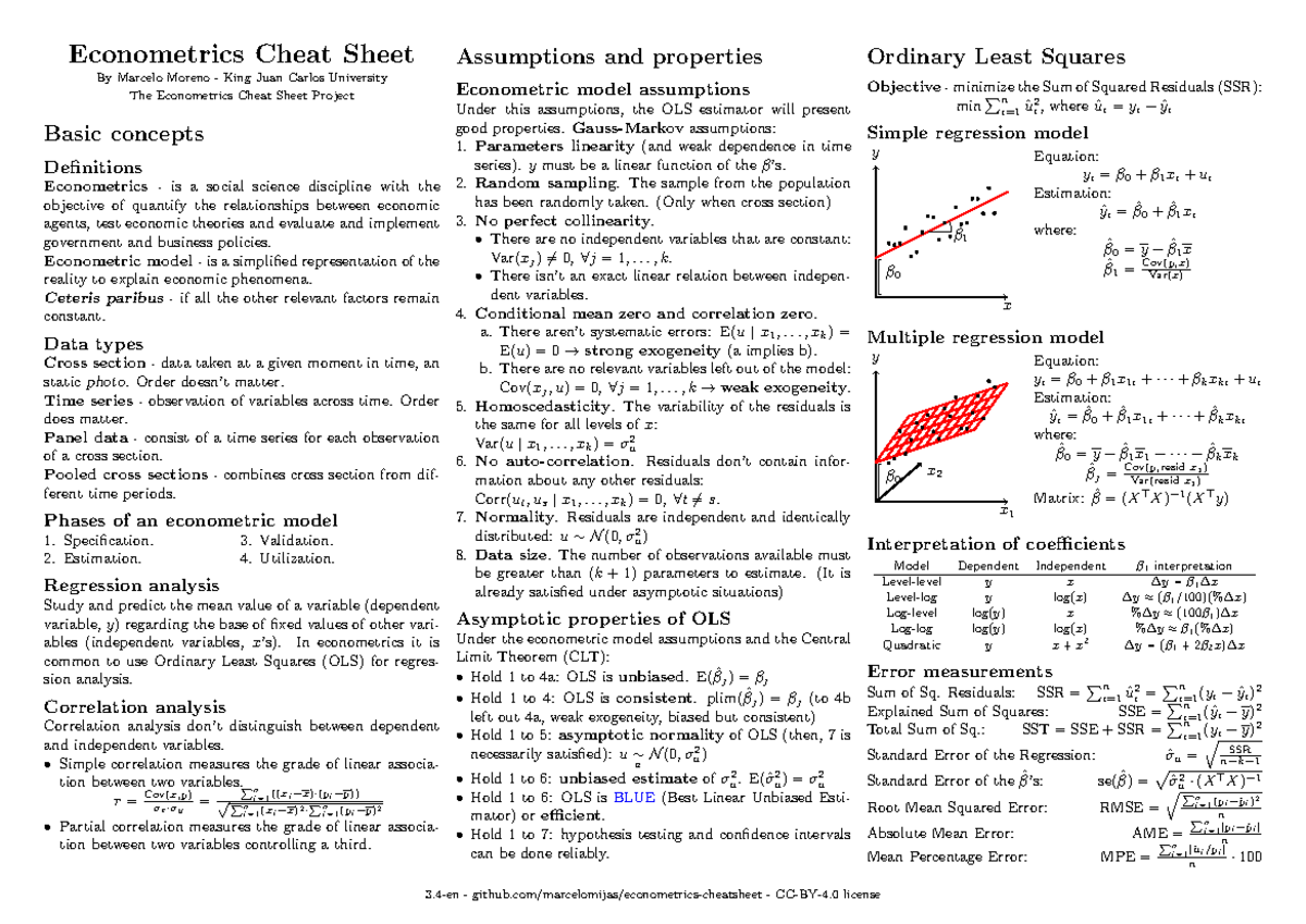 Econometrics-cheatsheet-en - Econometrics Cheat Sheet By Marcelo Moreno - King Juan Carlos - Studocu