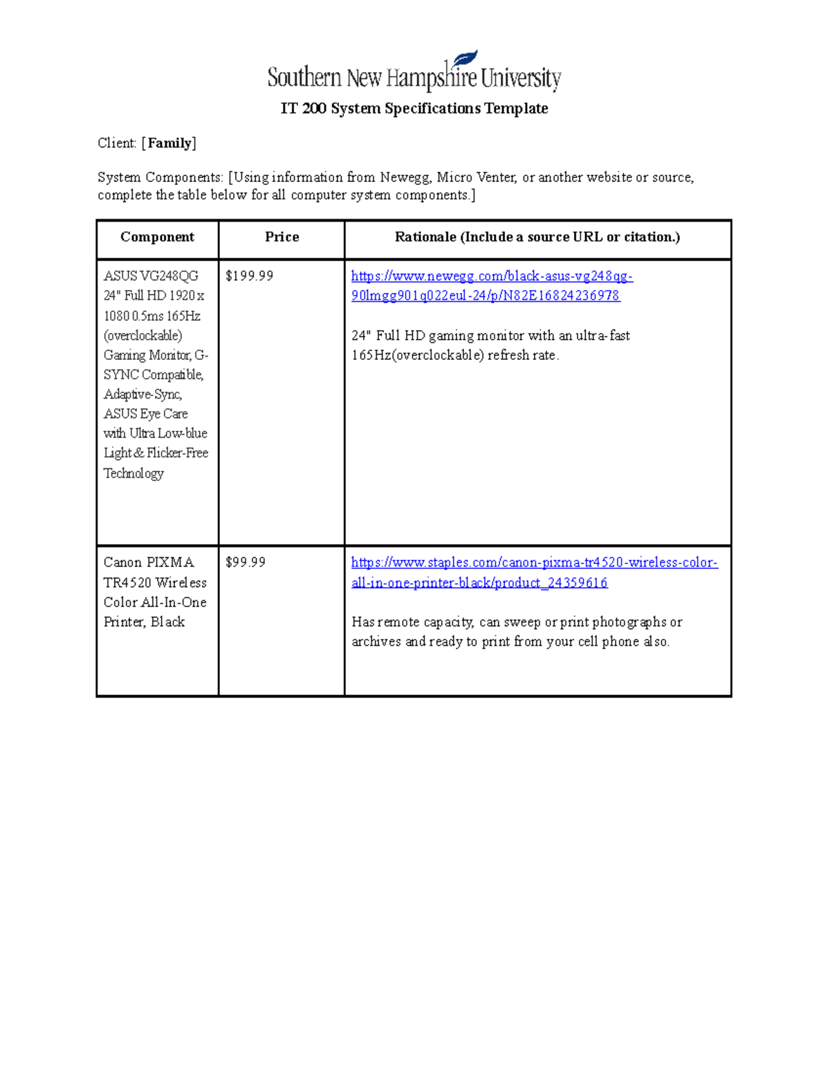 IT 200 System Specifications Template - IT 200 System Specifications Template Client: [ Family ...