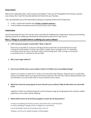 Week 3 Activity Worksheet Outlining a Press Release - WEEK 3 ACTIVITY ...