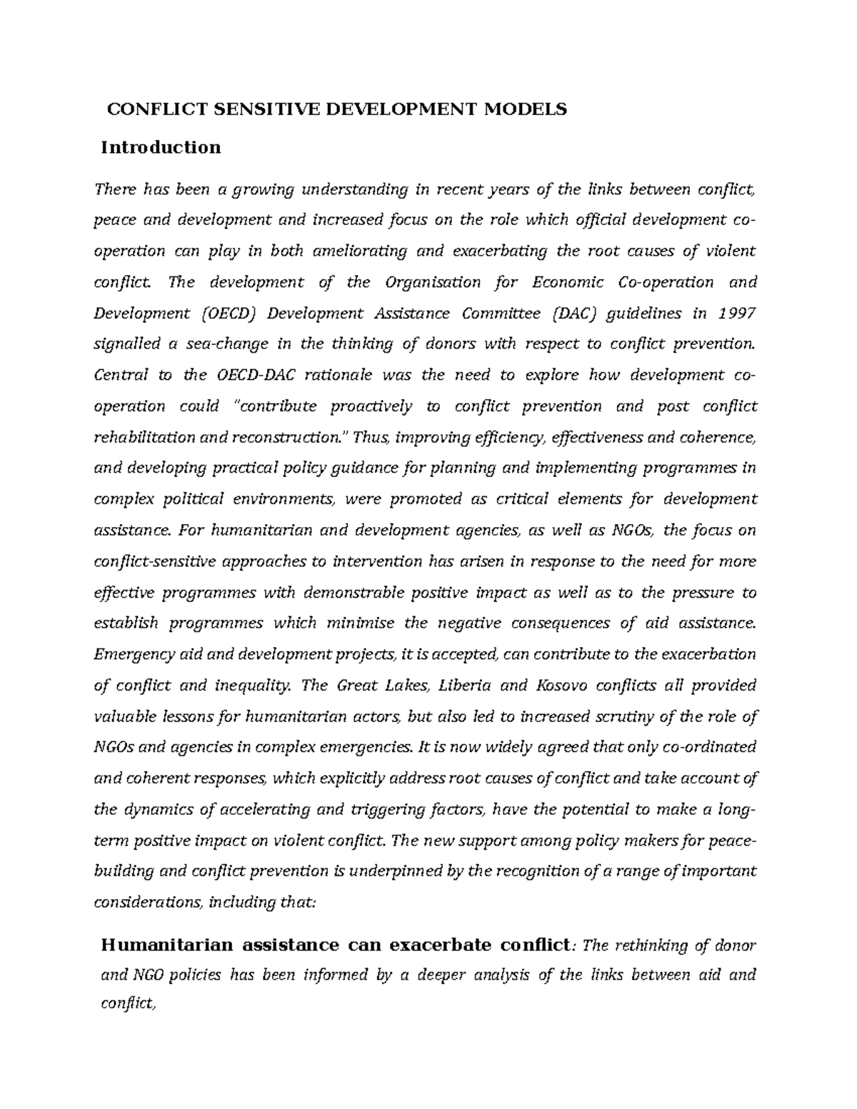 Conflict Sensitive Development Models - CONFLICT SENSITIVE DEVELOPMENT ...