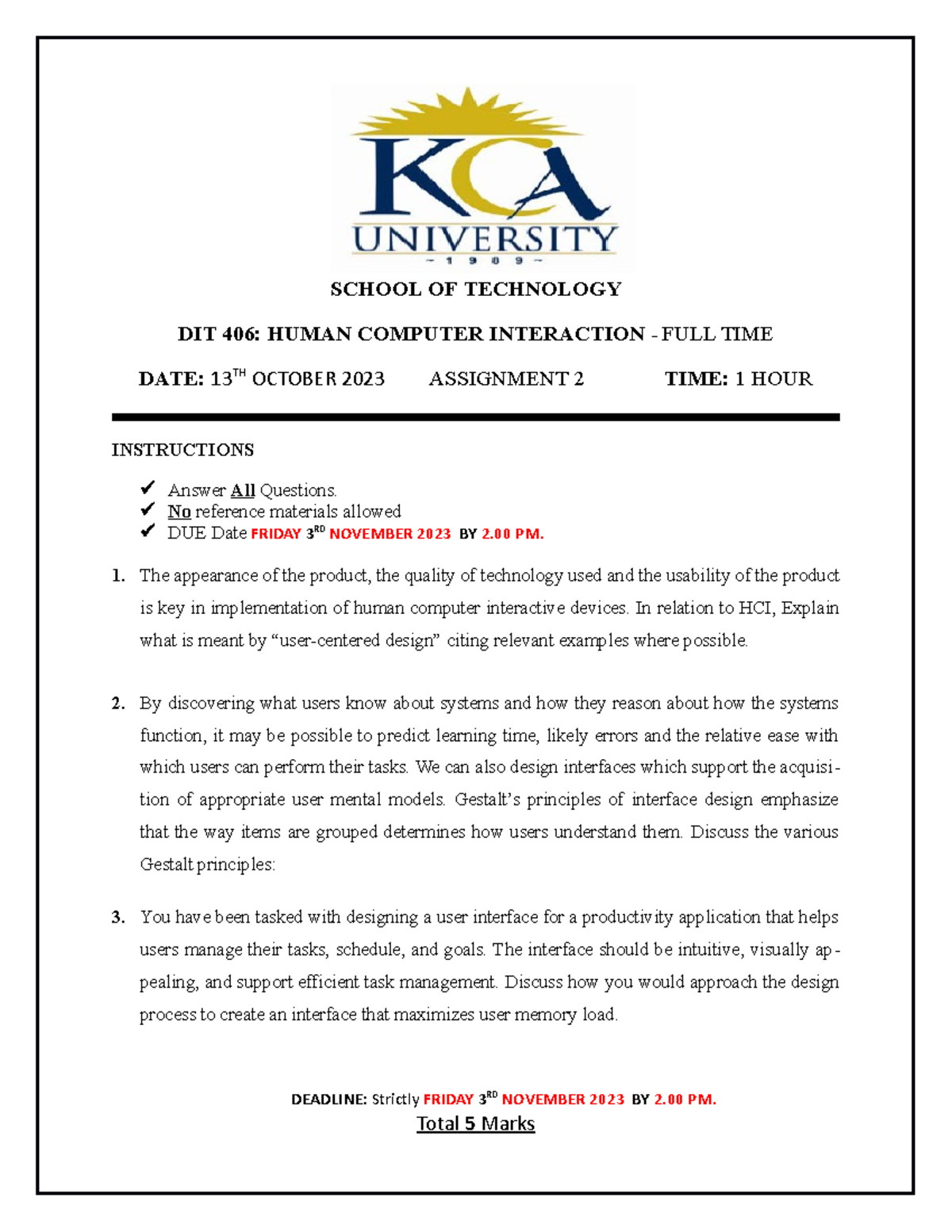 DIT 406 Human Computer Interaction Assignment 2 - SCHOOL OF TECHNOLOGY DIT 406: HUMAN COMPUTER ...