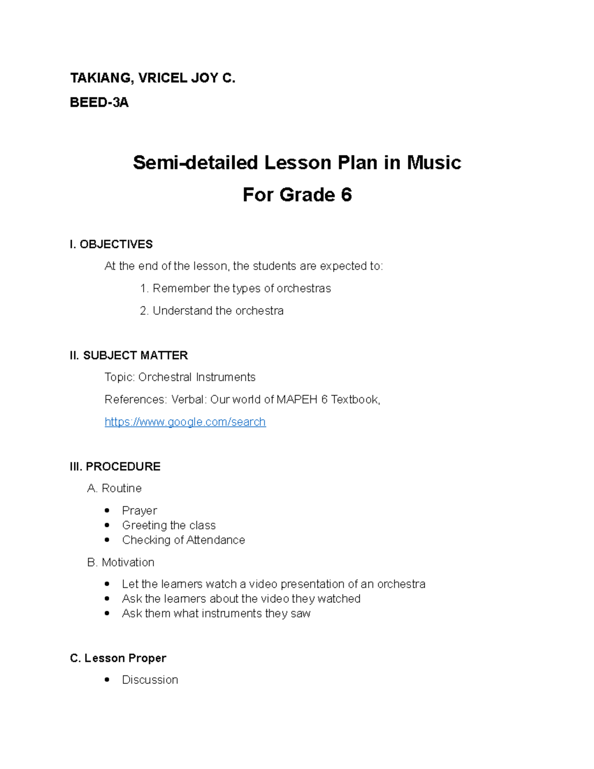 Lesson PLAN FOR Music - TAKIANG, VRICEL JOY C. BEED-3A Semi-detailed ...