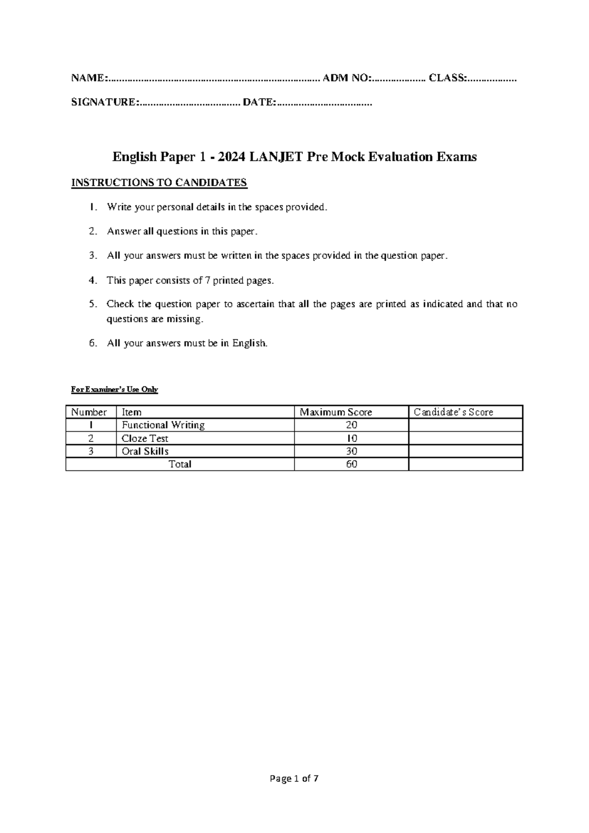 English Paper 1 - 2024 Lanjet Pre Mock Evaluation Exams - - Studocu