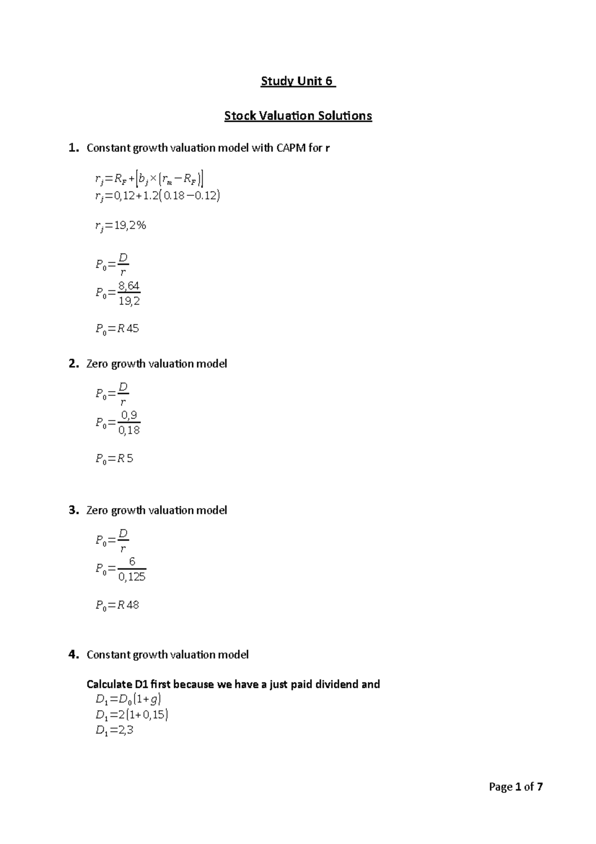 FIN2601 Study Unit 6 Exam Answers - Study Unit 6 Stock Valuation ...