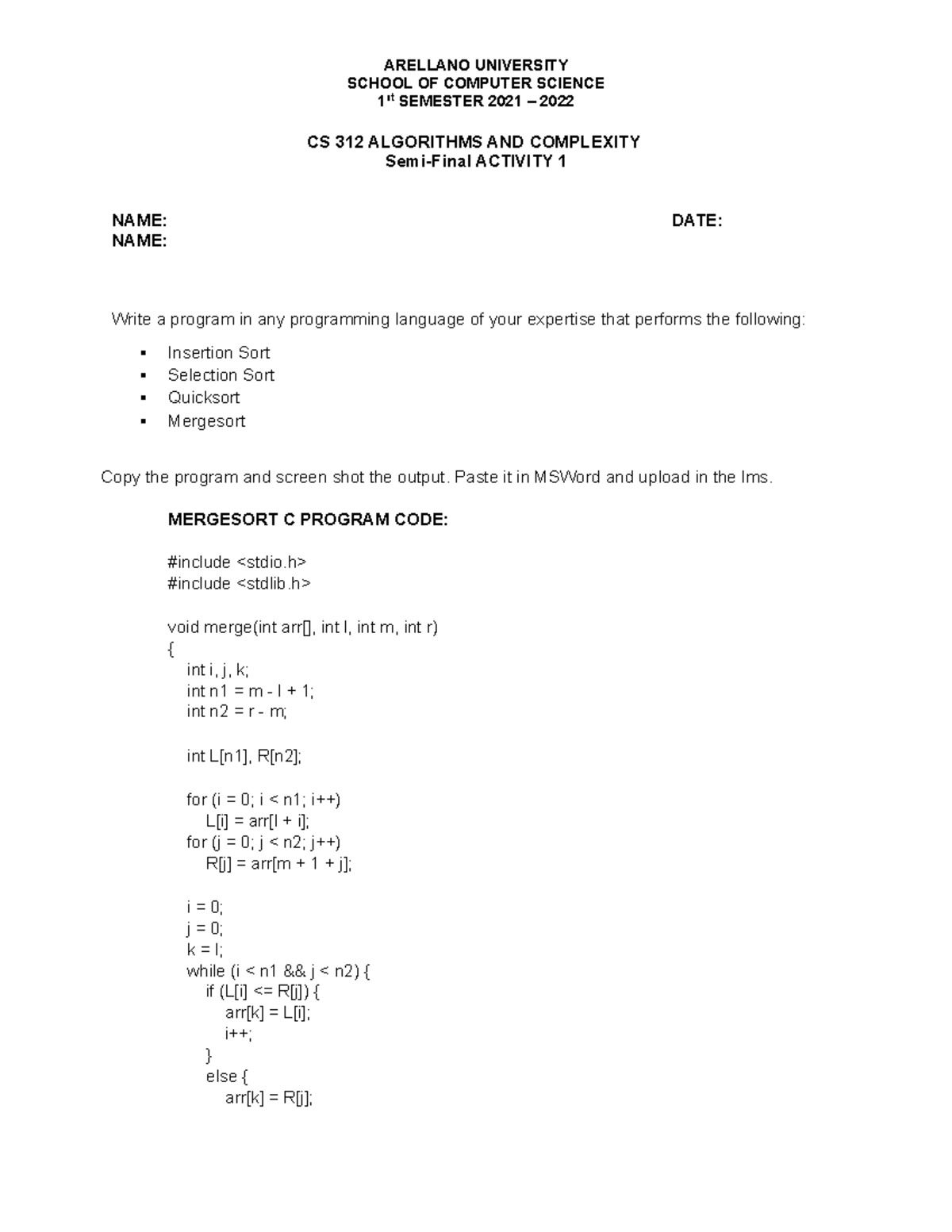 SF- Activity 1 - ARELLANO UNIVERSITY SCHOOL OF COMPUTER SCIENCE 1 st ...
